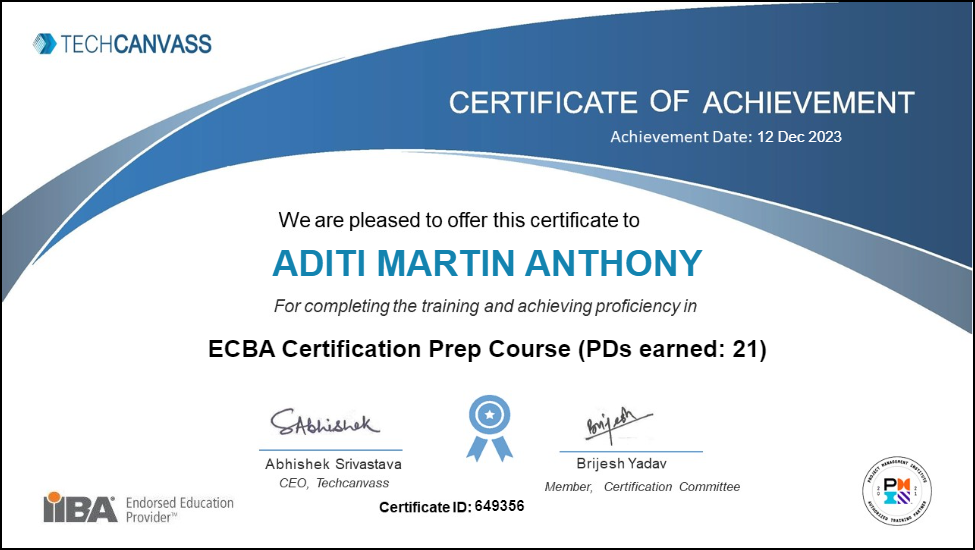 Proficiency Certificate – ADITI MARTIN ANTHONY | Techcanvass